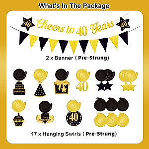 PRE-STRUNG 40th Birthday Banner, Cheers to 40 Years Banner, Happy 40th Birthday Hanging Swirl Ceiling Decoration for Men Women Him Her, Black Gold 40 Year Old Birthday Party Decor Kit, 30PCS, Vicycaty