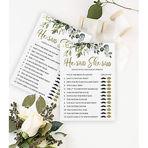 Printed Party Bridal Shower Games – He Said She Said Game with Fun Bride and Groom Trivia, Wedding Shower Activity, Botanical Eucalyptus Theme, 50 Guests