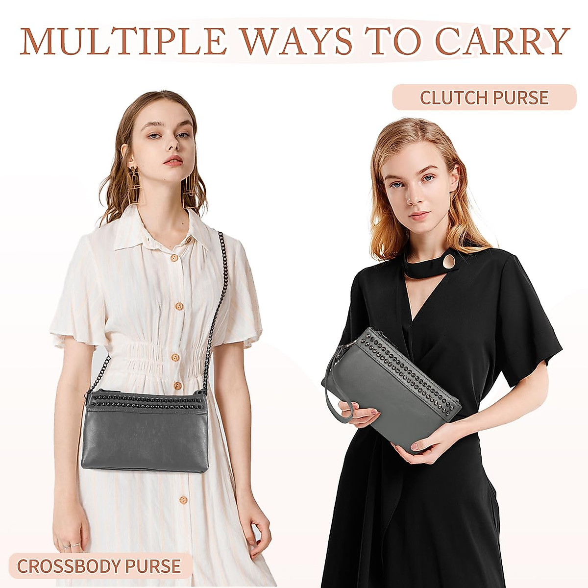 VASCHY Wristlet Clutch Purses, Large Studs Soft Vegan Leather Crossbody Evening Clutch Wallet for Women Gray