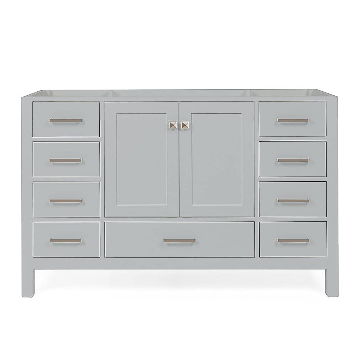 ARIEL 54" Grey Bathroom Vanity Base Cabinet, Single Sink Configuration, 2 Soft Closing Doors, 9 Full Extension Dovetail Drawers, Brushed Nickel