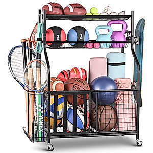 PLKOW Sports Equipment Storage for Garage, Garage Sports Equipment Organizer, Ball Storage Rack, Garage Organizer with Basket and Hooks for Toy Sports Gear Storage