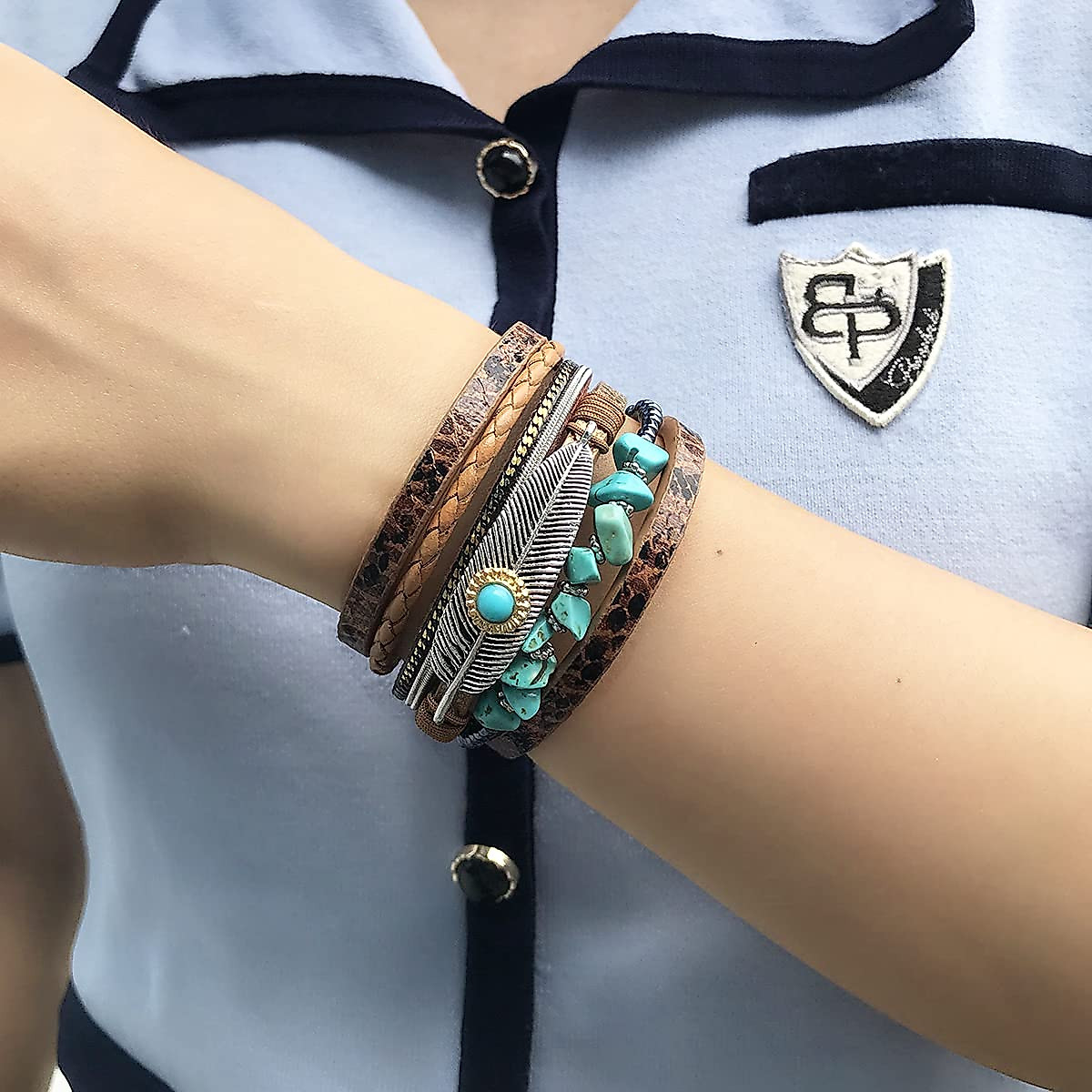 AZORA Turquoise Stone Leather Wrap Bracelet Feather Cuff Bracelets Bohemian Woven Bracelet for Women Gift Brown