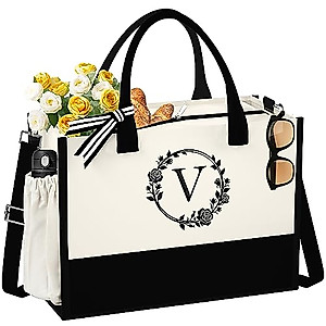 QLOVEA Gifts for Women Who Have Everything, Personalized Tote Bag Birthday Gifts for Women Her Mom Friends Female Friendship Sister Teacher Bridesmaid Boss Coworker Monogram Beach Bag Initial V