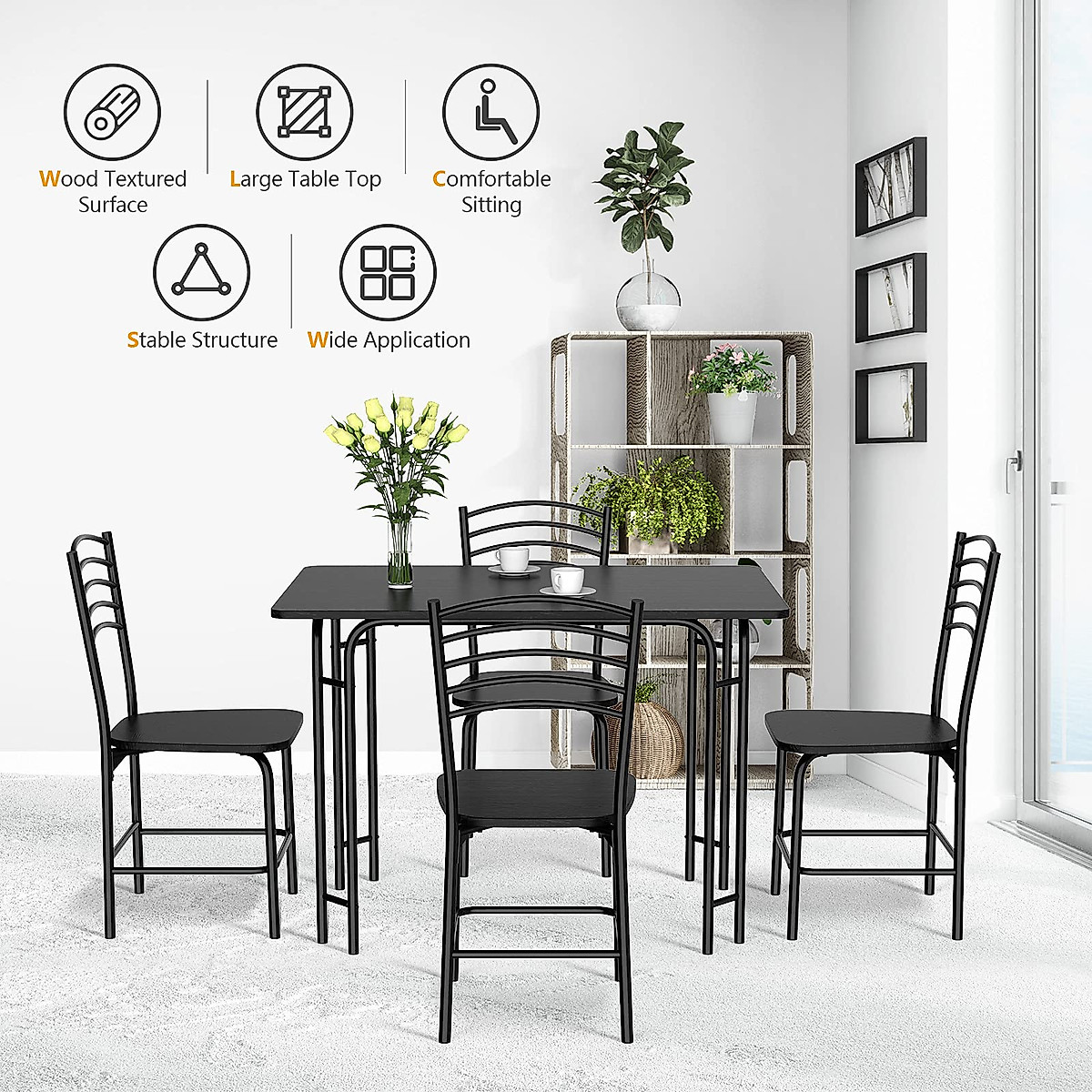 Giantex 5 PCS Dining Table Set 4 Person, Modern Kitchen Table and 4 Chairs, Wooden Top and Metal Legs, Home Dining Room Breakfast Furniture Rectangular Table, Black