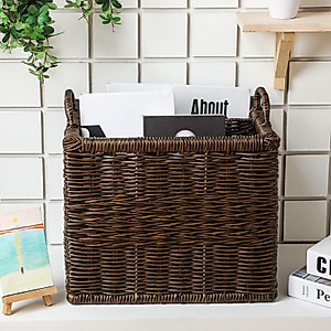 Qunclay Magazine Basket Wicker Divided Magazine Basket Rectangular Wicker Newspaper Holder, 15.4 x 12 x 12.6 Inch (L x W x H), Antique Walnut Brown