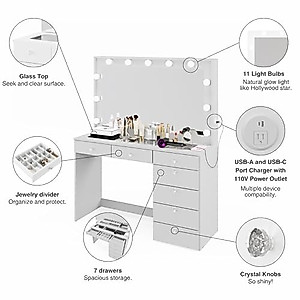 Boahaus Serena Modern Makeup Vanity with Hollywood Light Bulbs Add-On, 7 Drawers, Wide Mirror, Glam Glass Top for Bedroom
