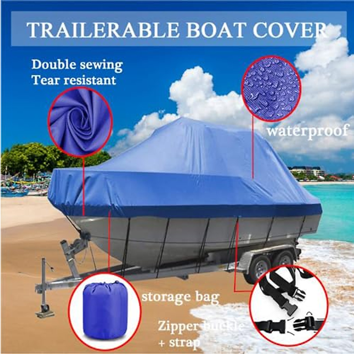 Trailer Boat Cover, Heavy Duty Boat Cover Waterproof UV Resistan for V&Tri-Hull Runabout Fishing Boat, with Adjustable Side Straps Boat Cover,600d,14~16FT：510 * 250CM