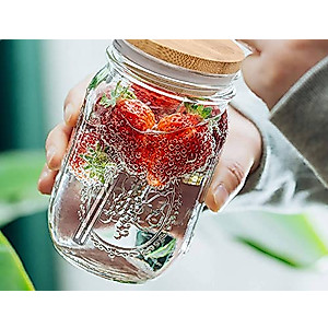 Nicunom 4 Pack Mason Jar Cups with Bamboo Lids, 16OZ Wide Mouth Smoothie Cups Mason Jar Drinking Glass Cups with Straw, Travel Tumbler for Bubble Tea, Smoothie, Juice, Iced Coffee