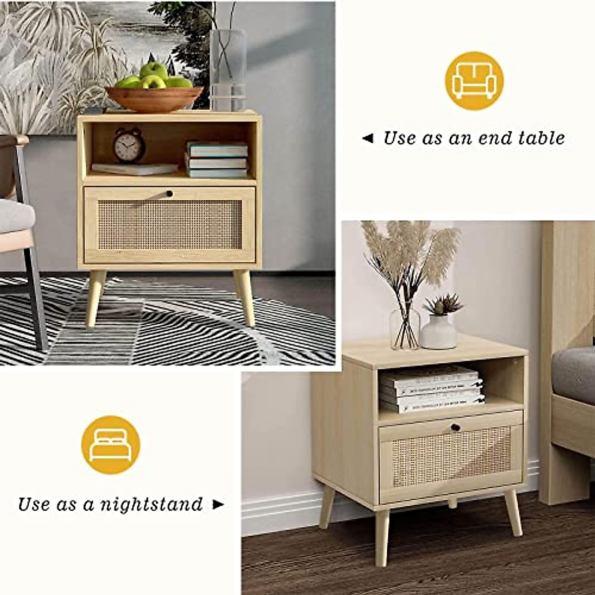 Rattan Nightstand with Drawer and Open Storage Shelves, Wood Finish End Table, Accent Side Table for Living Room, Bedroom