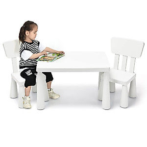 COSTWAY 3-Piece Kids Table and Chairs Set, Lightweight Plastic Children Activity Center for Reading, Writing, Painting, Snack Time, Kids Furniture Art Study Desk & Chairs Set for Ages 1-7 (White)