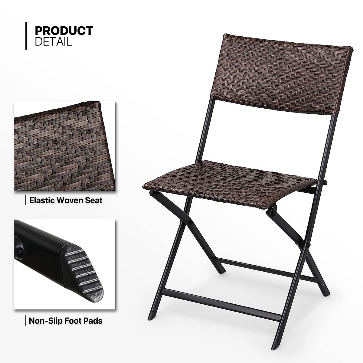 MoNiBloom 3 Piece Patio Bistro Dining Furniture Set, 2 Foldable Chairs and Round Table w/Tempered Glass Tabletop for Lawn Garden Backyard