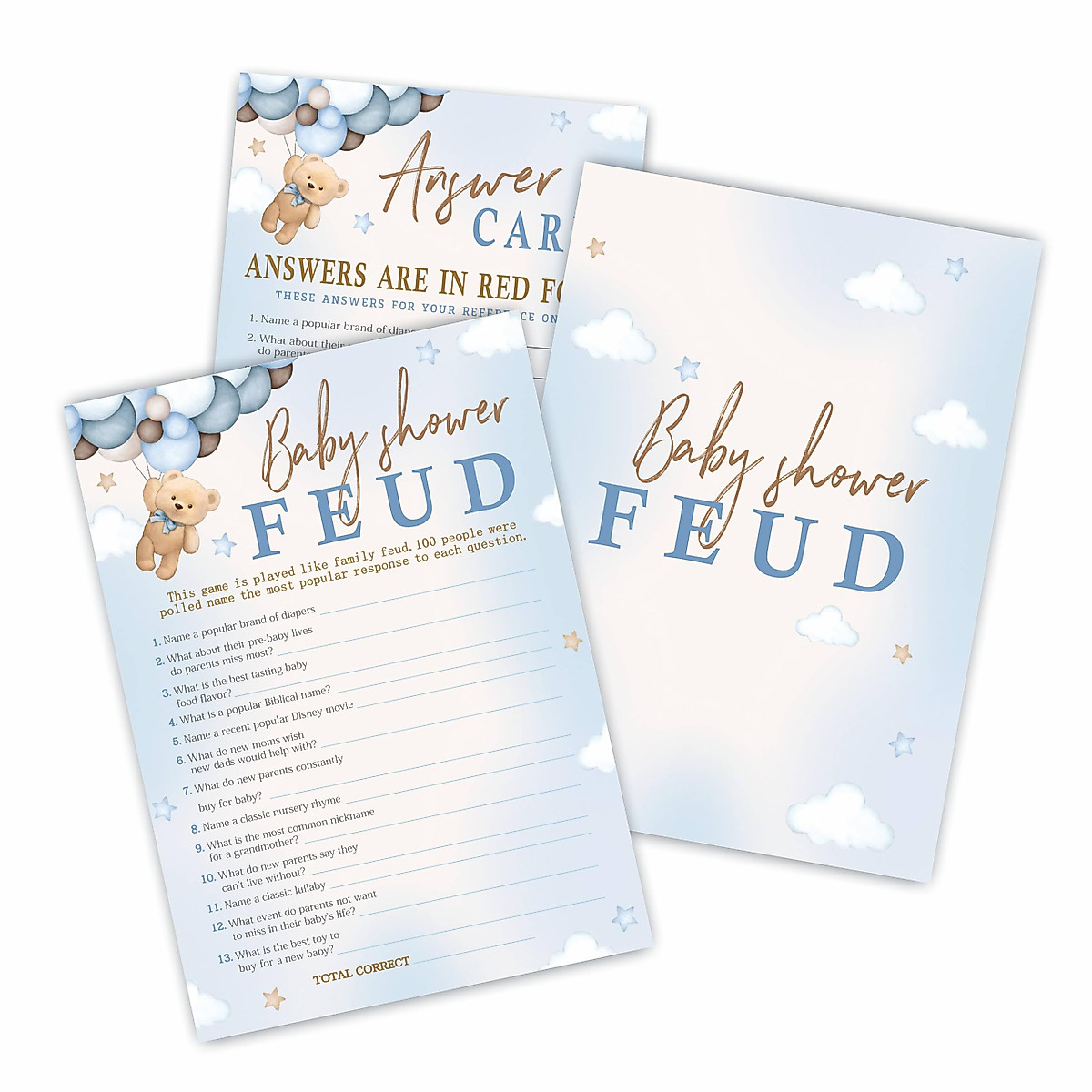 30 Baby Shower Feud Game - 5"X7" Bear & Balloons Double-Sided Fill In Game Cards & 1 Answer Cards, Gender Reveal Party & Activity For Boys And Girls - Baby Shower Party Favors & Decorations - A08