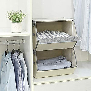 SONGMICS Stackable Storage Bins, Fabric Storage Boxes with Lids, Stackable Storage Cubes with Magnetic Closures, a Semi-Open Front, Lid Can Stay Open after Stacked up, Set of 2, Gray URLB02GE