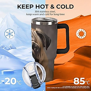 YTLKGFP 40 Oz Large Capacity Car Cup Animal Pug Dog Tumbler with Handle (Black) Straw Lid Insulated Stainless Steel Water Bottle Travel Mug Leak-proof Car Cup Keeps Cold Or Hot