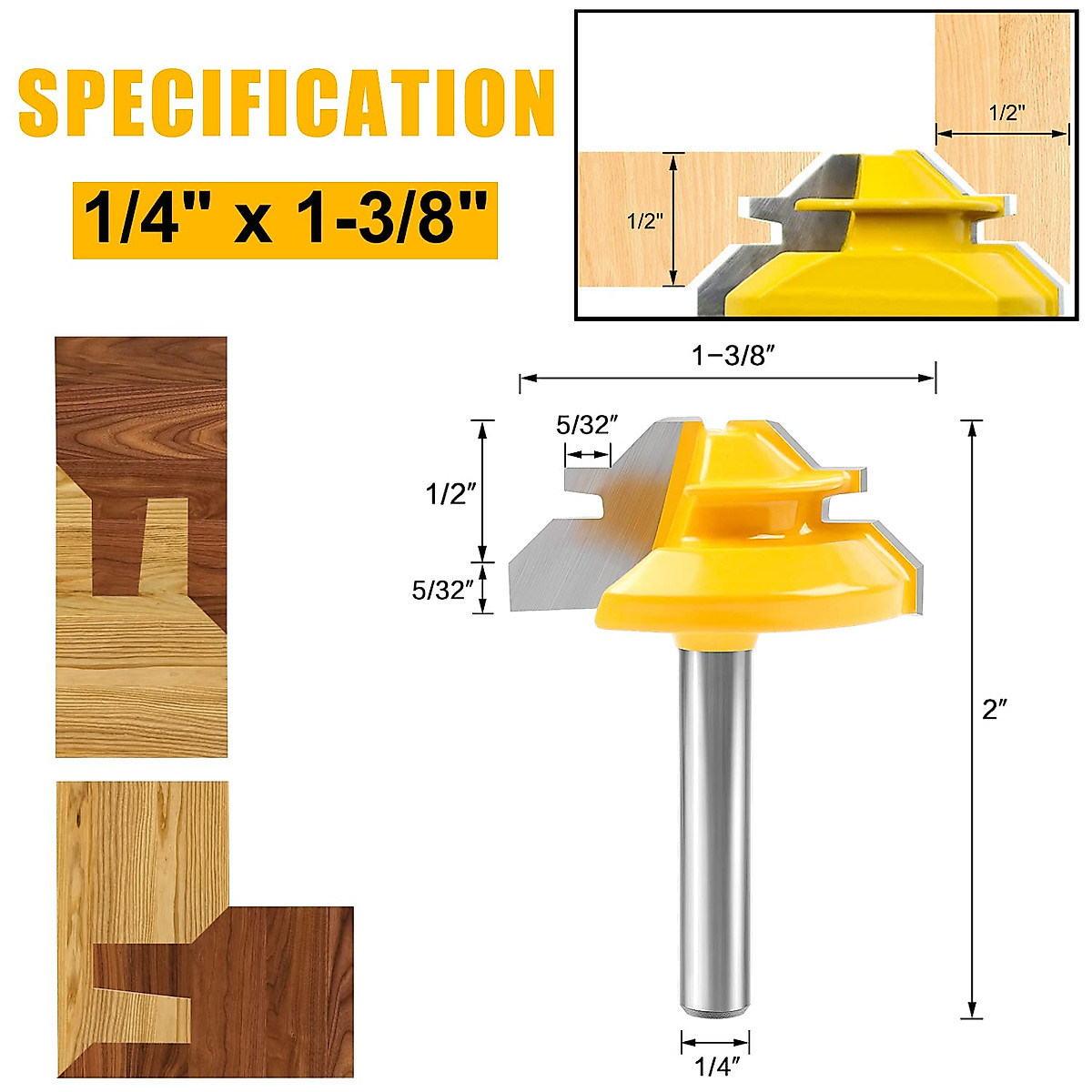 Newdeli 45 Degree Lock Miter Router Bit 3-Piece Set, for 1/2”, 5/8”, 3/4” Cutting Height, 1/4 Inch Shank. Easy to Create Lock Miter Joint