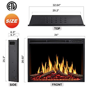 R.W.FLAME 34" Electric Fireplace Insert Adjuatble Flame Colors, Log Colors, Flame Speed and Brightness, Remote Control, 750W/1500W(34"x26")