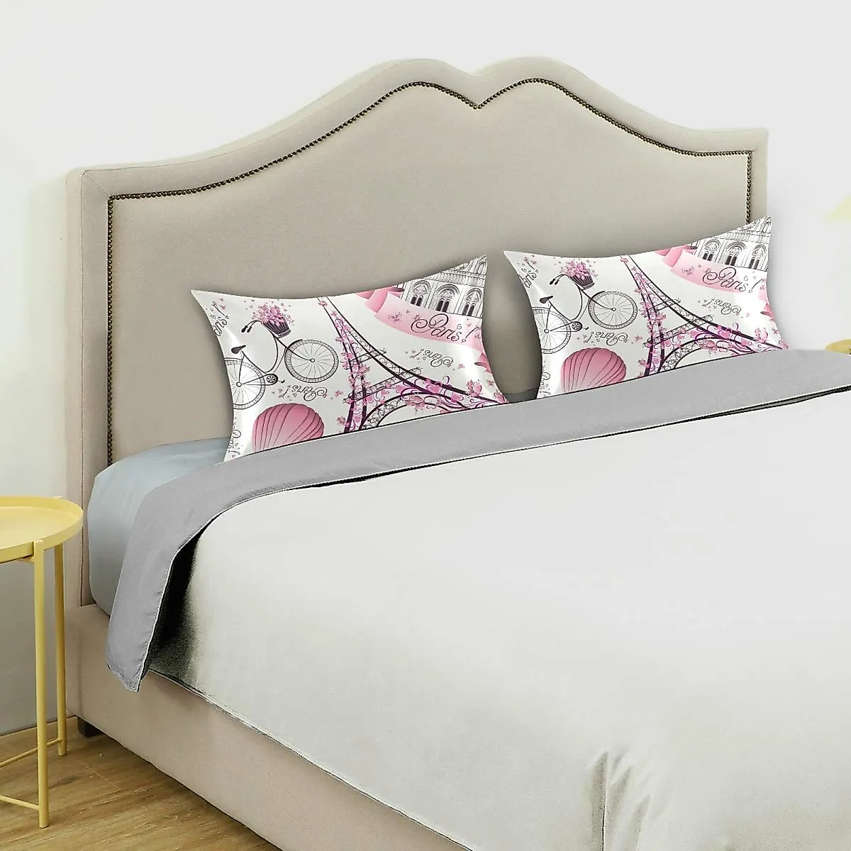 Nander Paris Eiffel Tower Flower Satin Pillowcase for Hair and Skin Cool Soft Silk Pillow Cases No Zipper, 1 PCS Pillow Cover with Envelope Closure - 20x26 inch