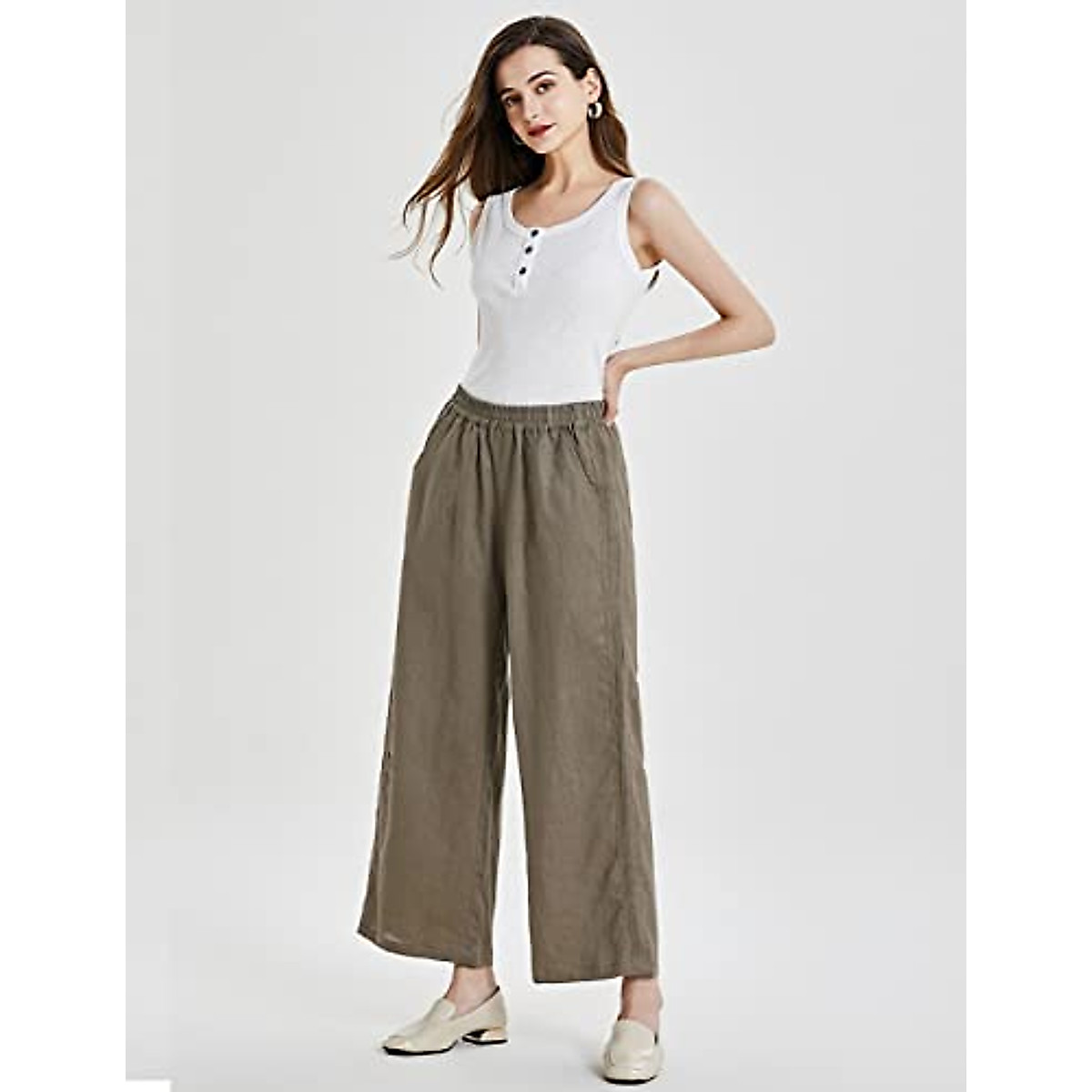 IXIMO Women's 100% Linen Pants Elastic Pleated Wide Leg Straight Fit Palazzo Pants Capri Style_ Dark Khaki XL