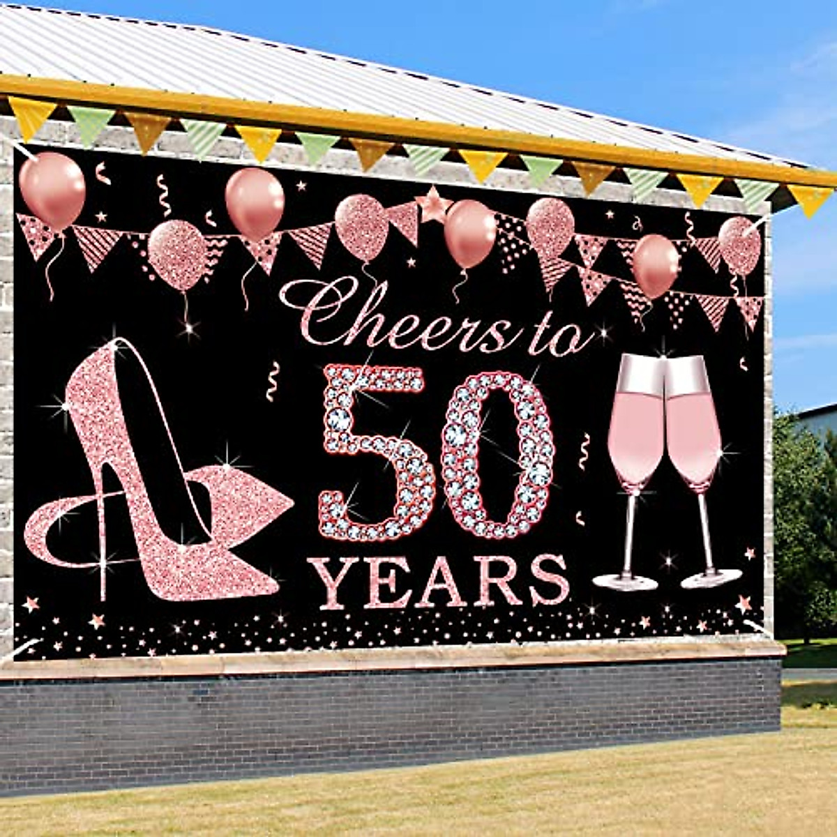 Kauayurk 50th Birthday Decorations Cheers to 50 Years Banner, Rose Gold 50 Year Old Birthday Backdrop Party Supplies for Women, Large Fifty Birthday Poster Sign Decor