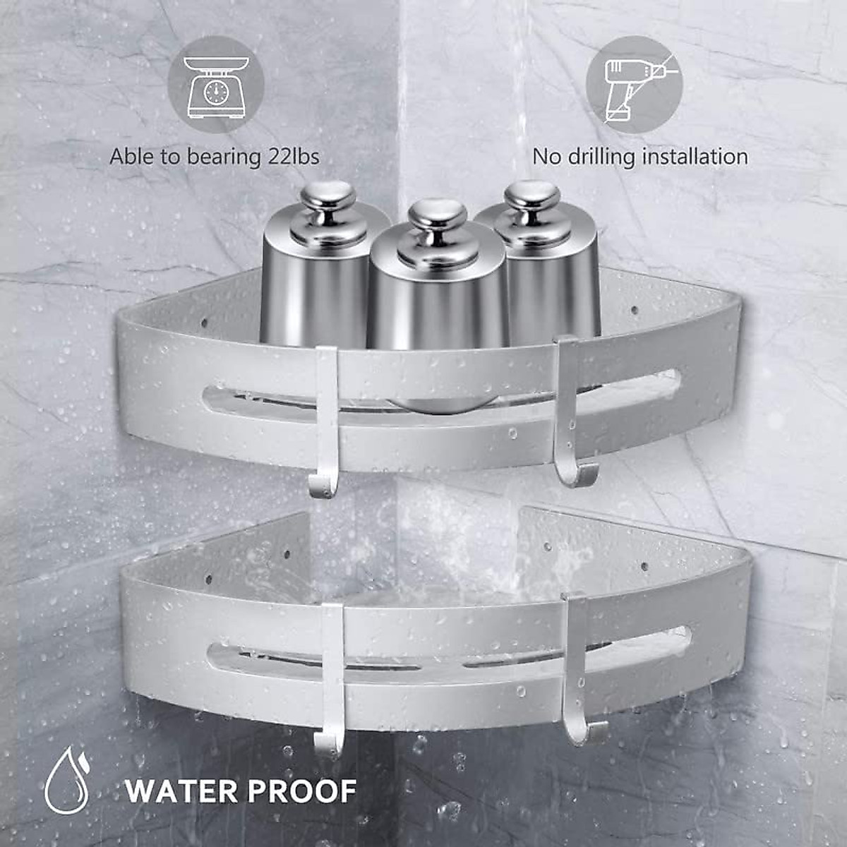 ATEMA 2 Pack Corner Shower Caddy,with Hooks No Drilling Adhesive Shower Storage Rack Shelf,Shampoo Razor Holder Organizer,Rustproof Aluminum Wall Mounted Shower Caddies for Bathroo/Kitchen/Dorm/Toilet