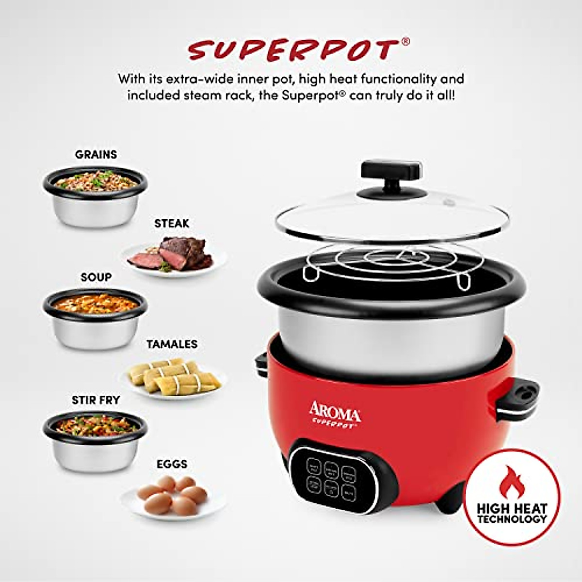 AROMA® 20-Cup (Cooked) Super Pot® Rice & Grain Cooker, Food Steamer & Multicooker with Sauté, Soup, and Spanish Rice Functions, Automatic Keep Warm Mode, Steam Rack Included, Red (ARC-1021DR)