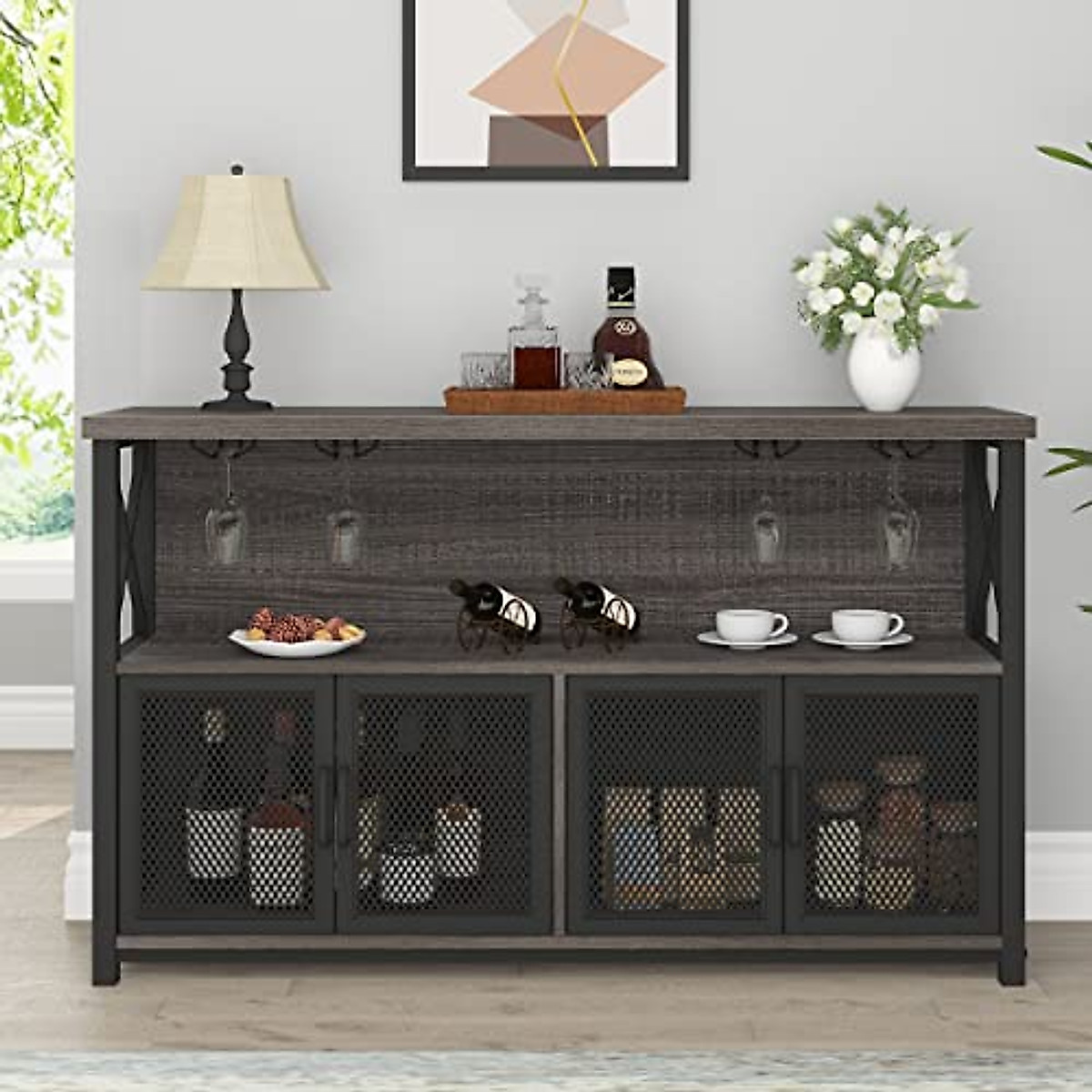 LVB Wine Bar Cabinet, Industrial Coffee Bar Cabinet for Liquor and Glasses, Modern Sideboard Buffet with Storage Rack, Rustic Liquor Home Bar for Kitchen Dining Living Room, Dark Gray Oak, 47 Inch