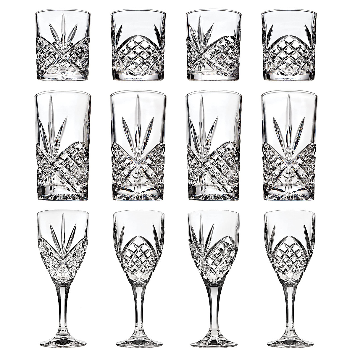 Godinger Mixed Drinkware Set, 4 Wine Glasses 4 Highball Glasses 4 Whiskey Glasses, Drinking Glasses Set, Glass Cups Glasses - Dublin Crystal Collection, Set of 12