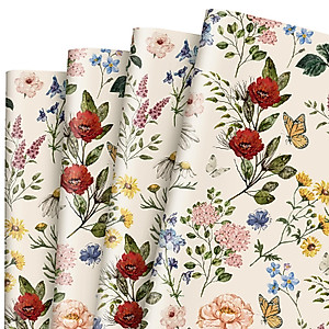 AnyDesign Floral Wrapping Paper Vintage Flower Gift Gift Wrap Paper Bulk Retro Wildflower Decorative Art Paper for Wedding Birthday Baby Shower DIY Crafts Gift Wrapping, Folded Flat, 6 Sheet