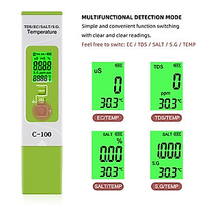 Digital Tester 5 in 1 TDS/EC/Salt/S.G./Temperature Meter Digital Water Quality Monitor Tester for Pools, Drinking Water, Aquariums