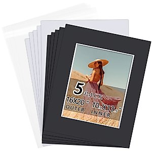 Falling in Art 5 Pack Acid Free 16x20'' Black Picture Mats Board Show Kit for 11x14'' Pictures, 4-Ply Beveled Pre-Cut Photo Boards with Backing Board and Plastic Clear Bags