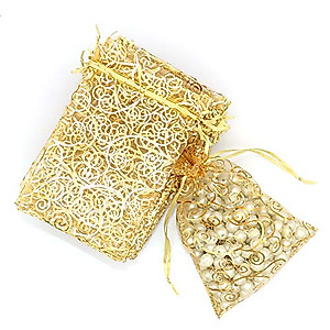 Staruby Organza Gift Bags 100Pcs Gold Sheer Organza Bag 4x6 Inch Mesh Favor Bags Drawstring Jewelry Rattan Printed Gift Pouches for Wedding Party Favors Baby Shower Christmas Gifts Candy Bags