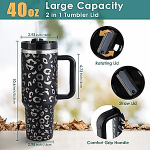 PIMDIR Black 40oz Leopard Tumbler With Handle Straw Lid, Insulated Stainless Steel Travel Cup iced Coffee Mug Keep Cold, Birthday Gifts For Women Men Lovers, Car Cup Holder Friendly