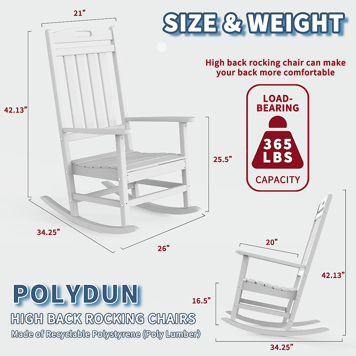 POLYDUN Outdoor Rocking Chair, Looks Like Wood, High Back Poly Lumber Patio Rocker Chair, 365Lbs Support, All-Weather Porch Rocking Chair for Lawn, Backyard, Indoor, Garden, White