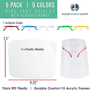 TCP Global Salon World Safety Kids Face Shields with Glasses Frames (Pack of 5) - 5 Colors, 1 Each - Protective Face Shields
