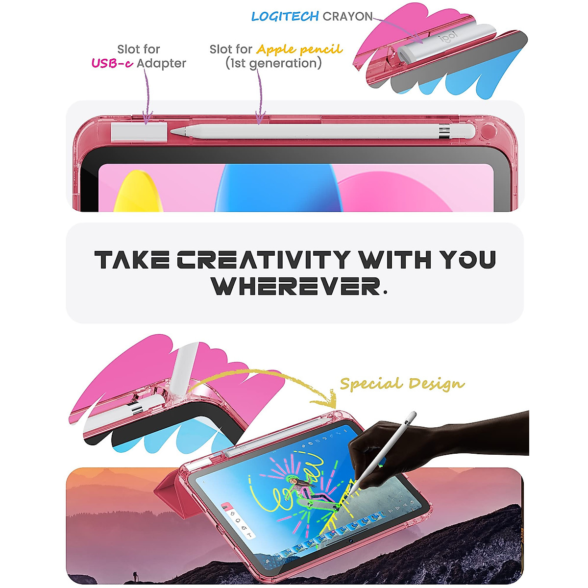 INFILAND Compatible with iPad 10th Generation Case 2022, iPad Case 10th Generation 10.9 Inch, Full Crystal Clear with Slot for Pencil & Charging Adapter, Rose Pink