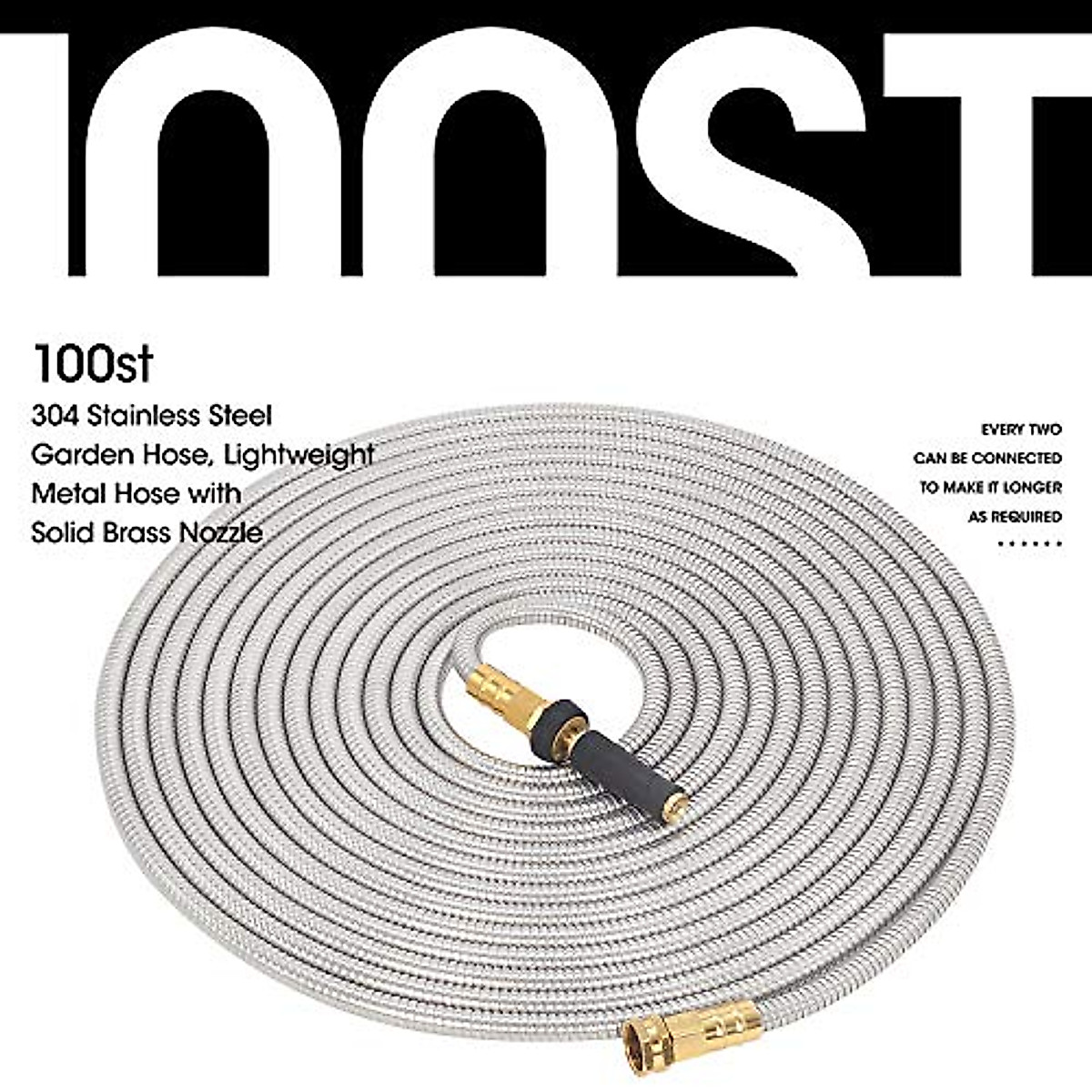 SCRIPTRACT 100’304 Stainless Steel Garden Hose with Free Removable Brass Nozzle Lightweight Metal Hose - Portable Durable and Resistant to Knots, Tangles and Punctures (100)
