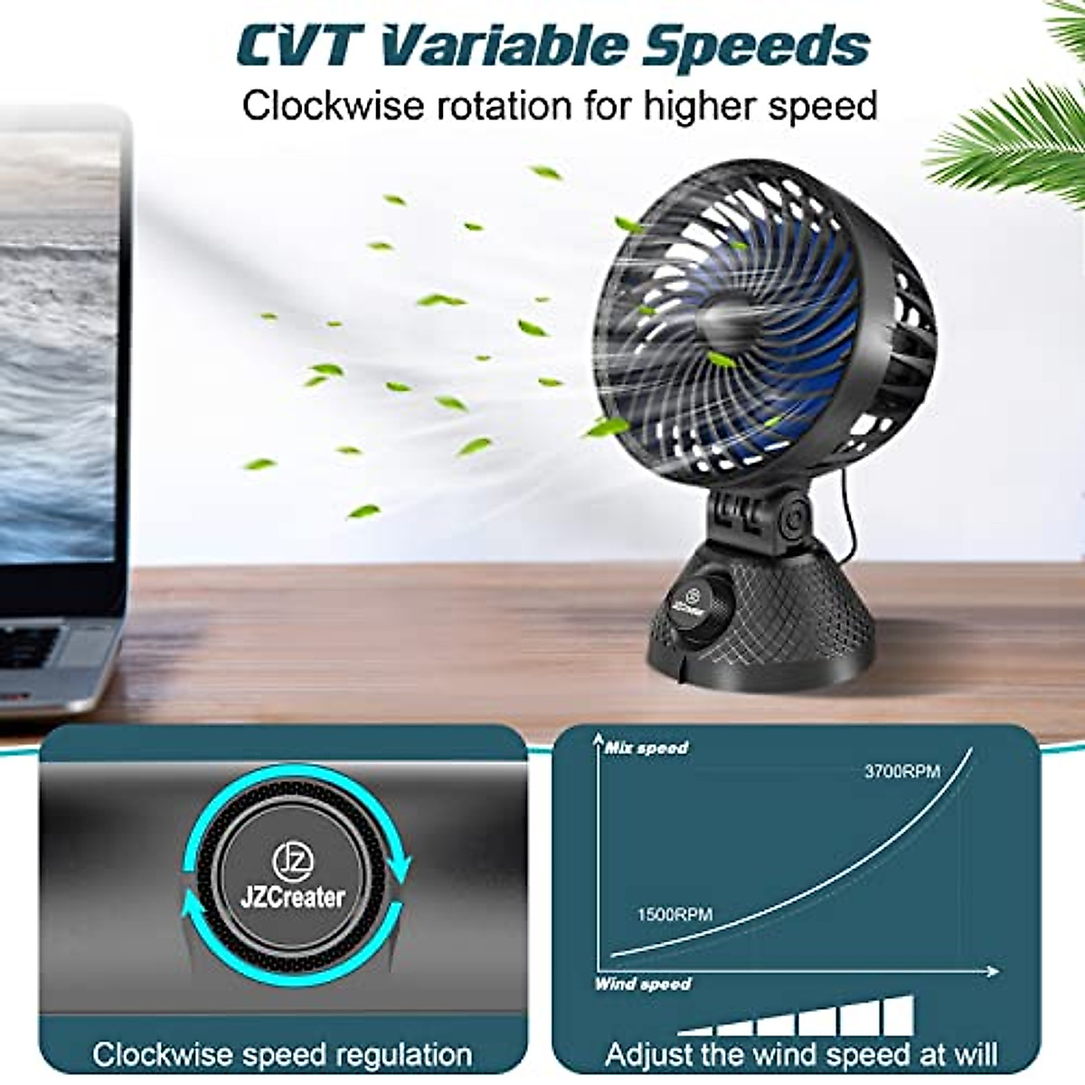 JZCreater USB Desk Fan, USB Mini Fan with Stepless Speed, 90°Auto Oscillating Fan, Quiet Rotation Strong Wind, Small Personal Fan for Bedroom Home Office Table Outdoor Stroller, 4.8inch(Black Blue