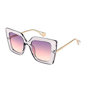 FEISEDY Sunglasses Womens Trendy, Oversized Square Shades, Pearl Inlay Cat Eye Frame UV400 Protection B2625,Clear Purple/Purple Pink