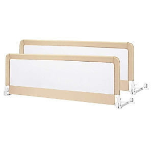 Costzon Bed Rail for Toddlers, 2 PCS Extra Long Swing Down Safety Bed Guards w/Straps for Convertible Crib, Kids Twin, Double, Full Size, Queen & King Bed, Folding Bed Rails for Baby (59-Inch, Beige)