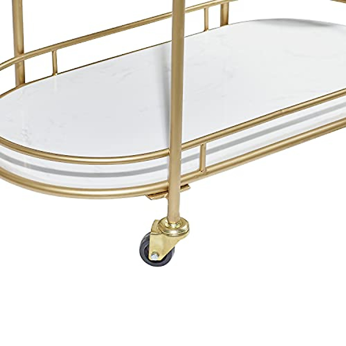 Deco 79 Metal Rolling 1 Glass and 2 Marble Shelves Bar Cart with Lockable Wheels and Mirrored Top, 31" x 16" x 33", Gold
