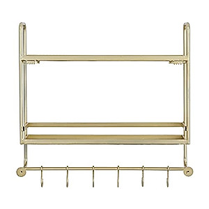 CosmoLiving by Cosmopolitan Metal Rectangle Wall Shelf with Hooks, 20" x 5" x 20", Gold