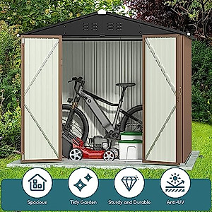 Gizoon Outdoor Storage Shed 8 x 6 FT with Metal Base Frame, Galvanized Metal Garden Shed with Double Lockable Doors, Weather-Resistant Outdoor Storage Clearance for Backyard Patio Lawn-Light Brown
