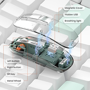 A.JAZZ Wireless Bluetooth5.1&2.4G Mini Lightweight Mouse,Transparent Clear Cool,Rechargeable Silent Computer Mice,Nano USB C Receiver,LED Battery Magic Silm for Office/PC/Mac/Laptop/Apple/ipad(Green)