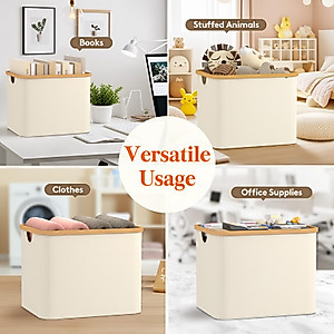 Lifewit 42L Collapsible Storage Bin with Bamboo Handles, Foldable Storage Basket for Organizer, Storage Cubes for Closet and Shelves, Dorm, Laundry Room, Bedroom, White, 3 Pack