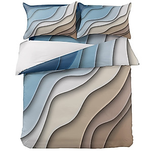 4 Pieces Duvet Cover Bedding Set Cal King Ultra Soft Quilted Luxury Washed Comforter Bedspread Bed Sheet Pillowcases Modern Bule Brown Wave Gradient for Bedroom Decor Geometric Abstract Art