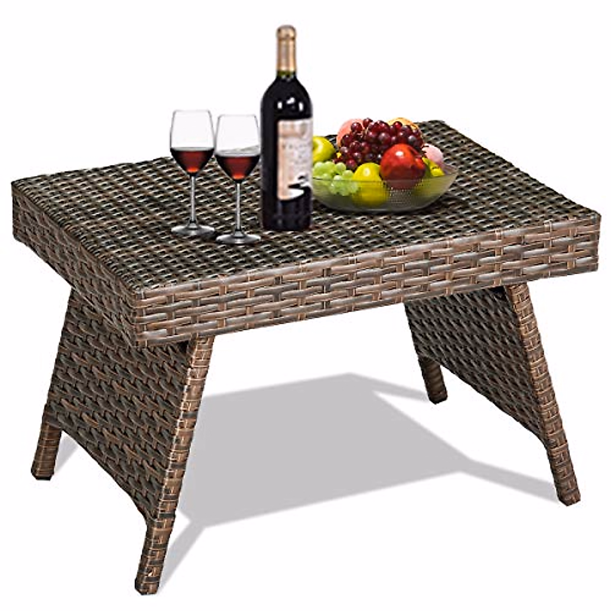 Tangkula Outdoor Wicker Table Patio Poolside Lawn Garden Rattan Steel Frame Folding Standing Coffee Table Side Table
