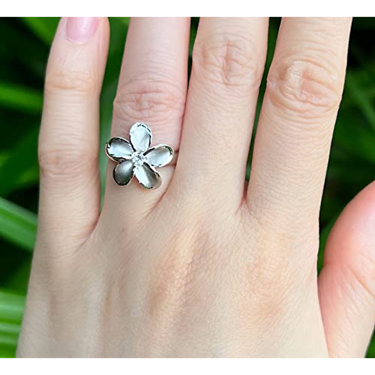 925 Sterling Silver 15mm Hawaiian Plumeria Flower Ring with Cubic Zirconia, 14K Gold Plated, Nickle Free Hypoallergenic for Sensitive Skin, Hawaii Island Jewelry, with Gift Box (7, Silver)
