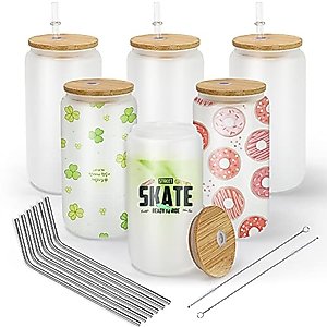 AGH 6Pack 16OZ Sublimation Glass Blanks with Bamboo Lid, Frosted Sublimation Cups Beer Can Glass, Borosilicate Glasses Tumbler Mason Jar Cups Mug with Plastic Straw for Iced Coffee, Juice, Drinks