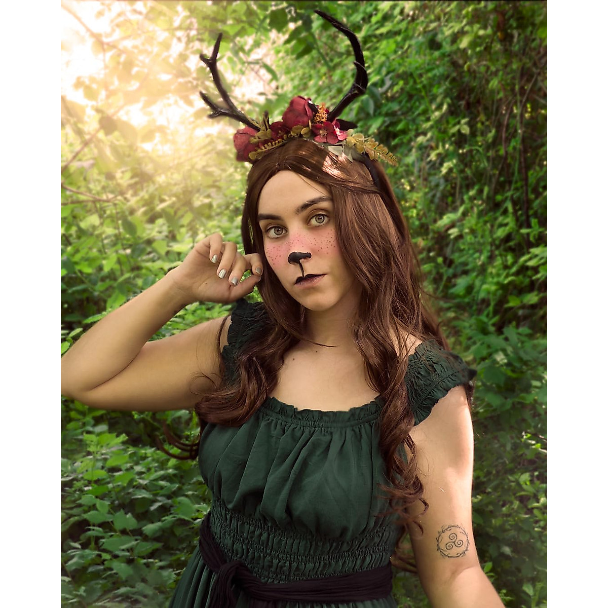 MOSTORY Handmade Dark Antler Flower Headband Fairy Floral Headpiece Black Horns Hairband Medieval Woodland Crown for Renaissance Festival Cosplay Halloween Wedding Fae Ball Masquerade