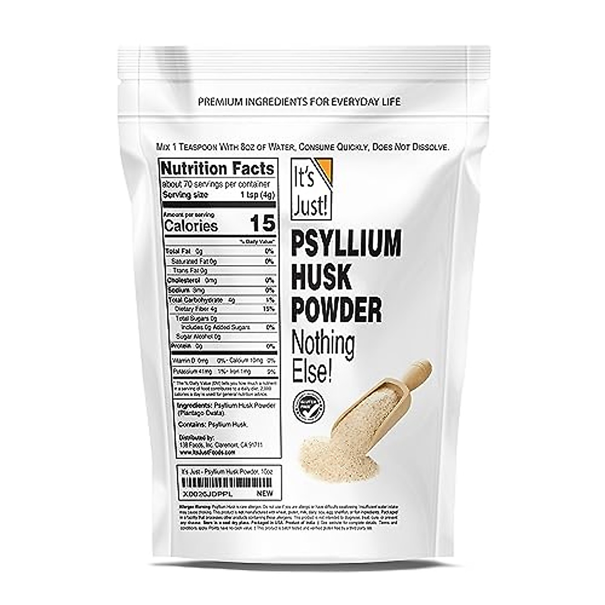 It's Just! - Psyllium Husk Powder, Easy Mixing Dietary Fiber, Cleanse Your Digestive System, Finely Ground Powder, Ideal for Keto Baking, Non-GMO (Unflavored, 10oz (Pack of 1))